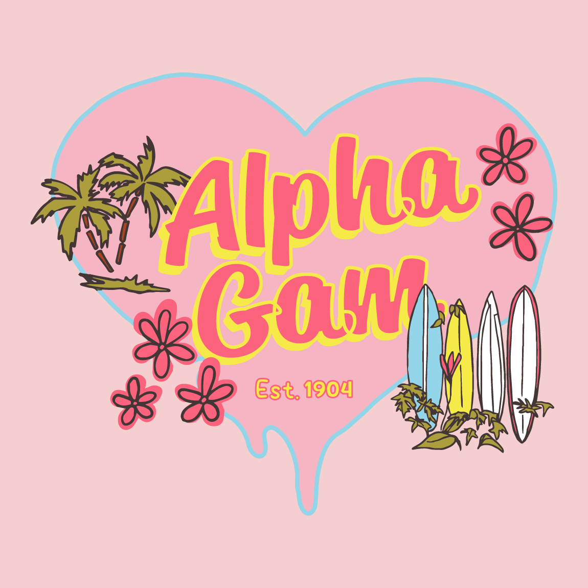 Alpha Gam Retro Text on Heart with Surf Board and Flowers in Pink and ...