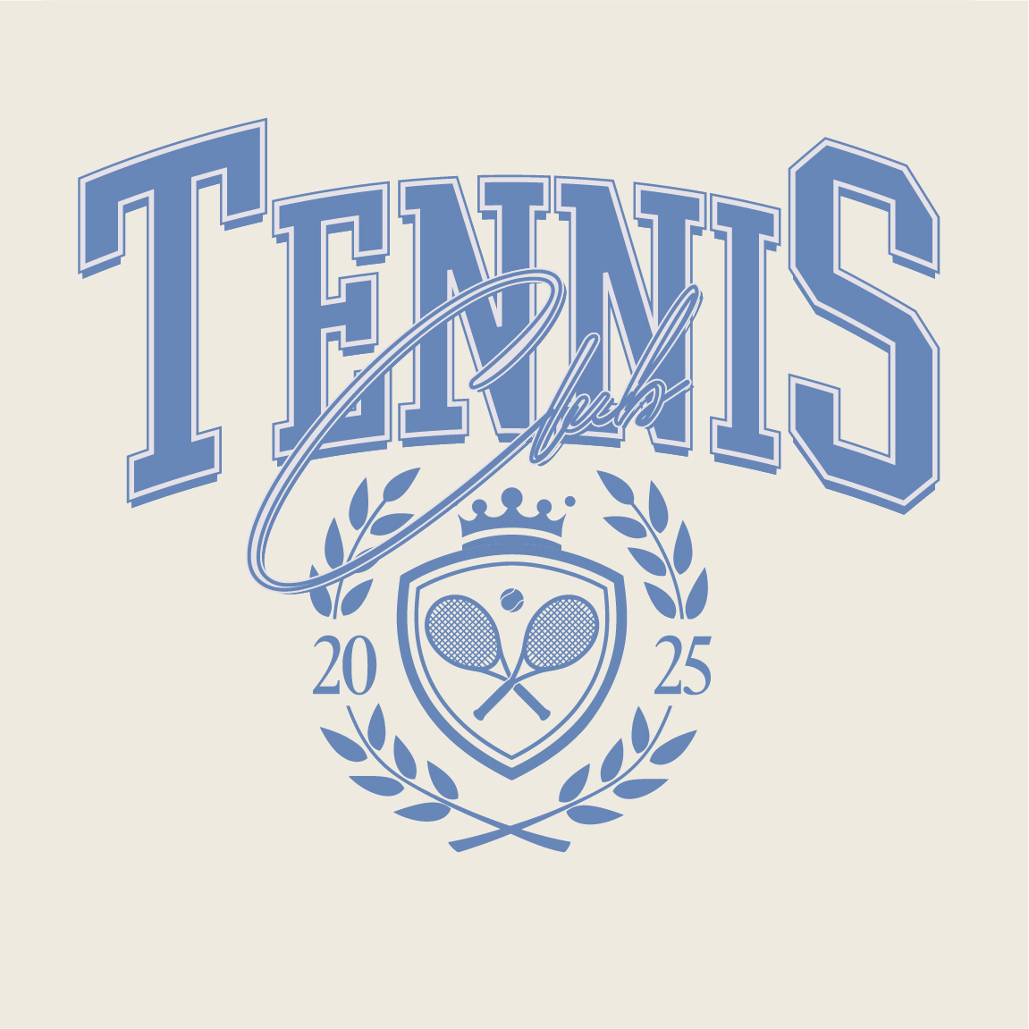 Tennis Club Preppy Athletic Text with Racket Ball and Crown with Wreath ...