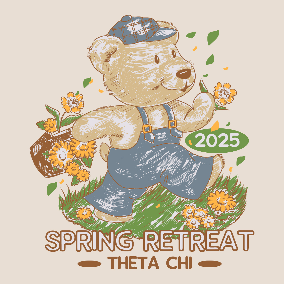 Theta Chi Cartoon Bear with Spring Flowers and Leaves Drawing in Pastel ...